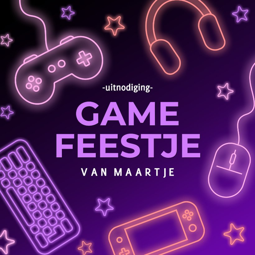 Uitnodiging game feestje met paarse neon meisje | Kaartje2go