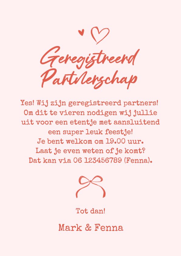 Uitnodiging geregistreerd partnerschap etentje | Kaartje2go