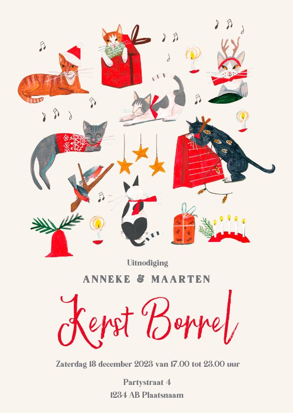 Uitnodiging kerstborrel poezen illustraties | Kaartje2go