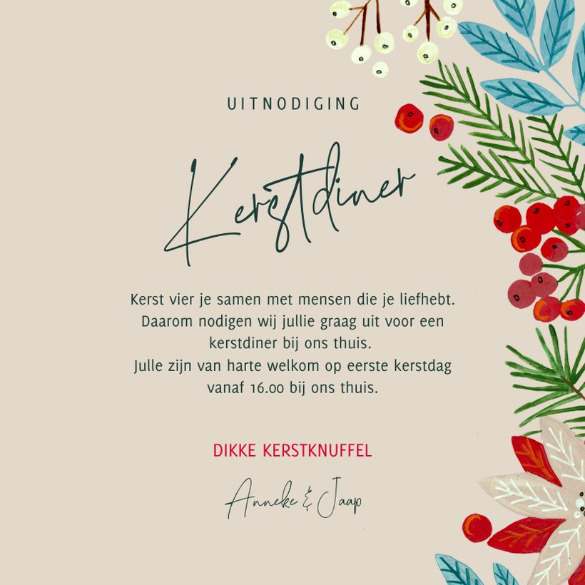 Uitnodiging kerstdiner botanische bloemen kerst | Kaartje2go