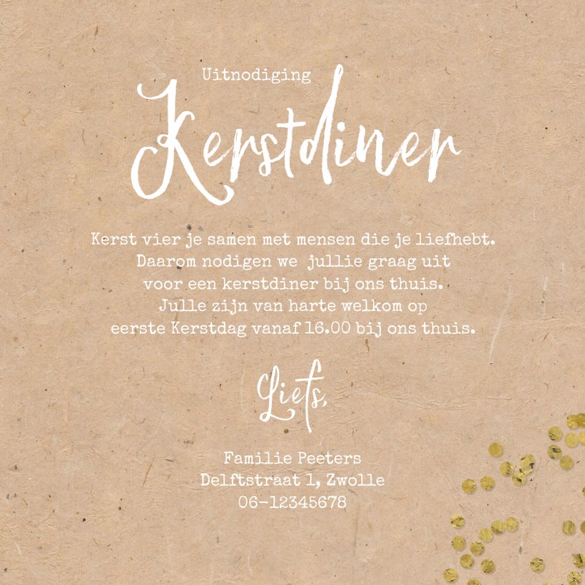 Uitnodiging kerstdiner hip foto goud kraft | Kaartje2go