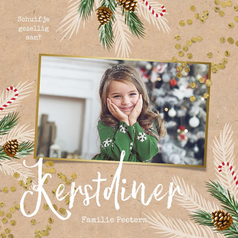 Uitnodiging kerstdiner hip foto goud kraft | Kaartje2go