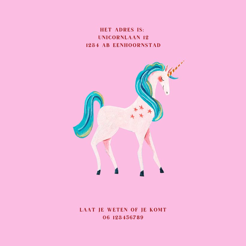 Uitnodiging kinderfeestje roze eenhoorn en | Kaartje2go