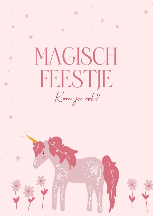 Uitnodiging kinderfeestje roze met eenhoorn en | Kaartje2go
