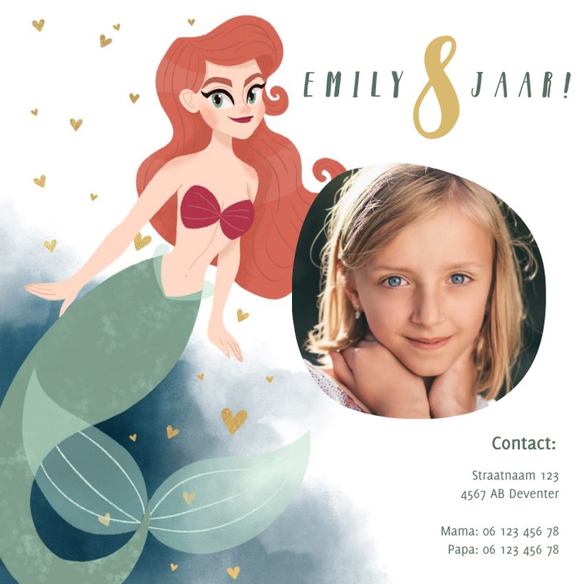 Uitnodiging kinderfeestje zeemeermin, waterverf | Kaartje2go