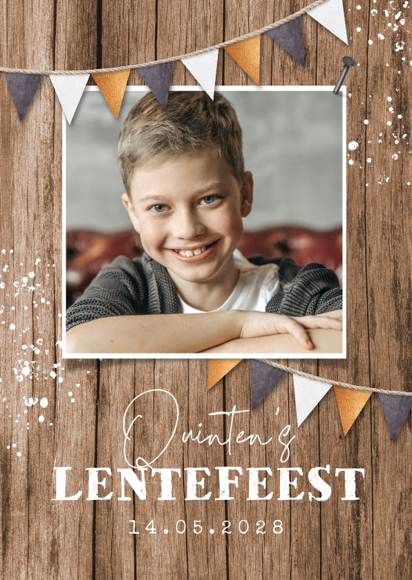 Uitnodiging lentefeest hout slingers foto stoer | Kaartje2go