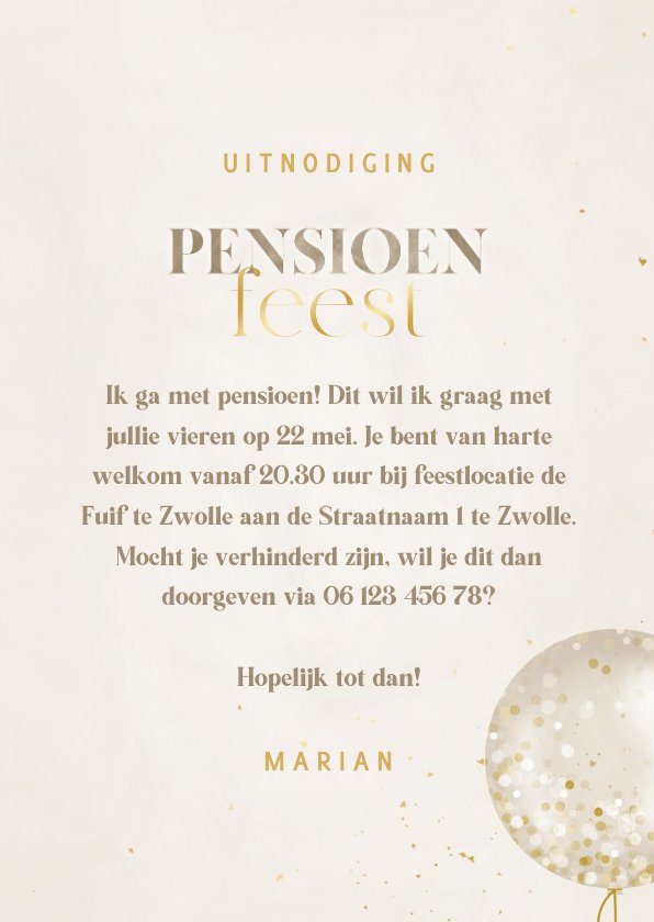 Uitnodiging pensioenfeest beige met confetti | Kaartje2go