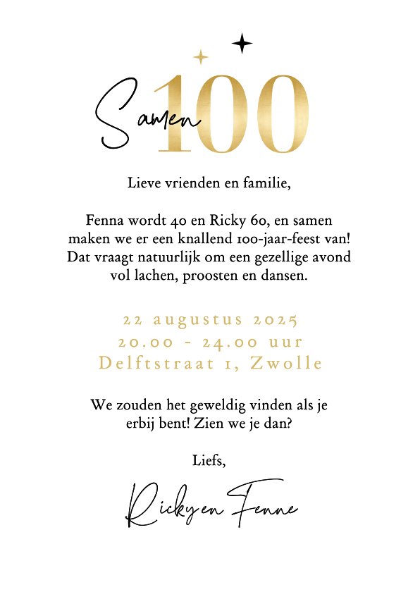 Uitnodiging samen 100 feestje champagne goud | Kaartje2go