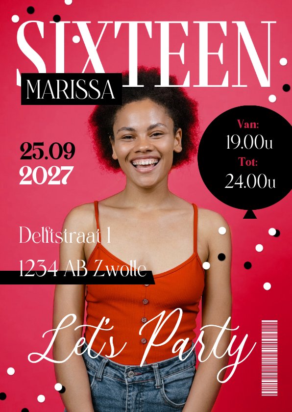 Uitnodiging sweet 16 magazine cover foto | Kaartje2go