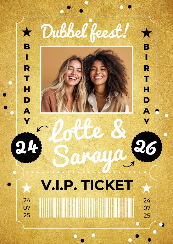 Uitnodiging ticket gold VIP party dubbel feest | Kaartje2go
