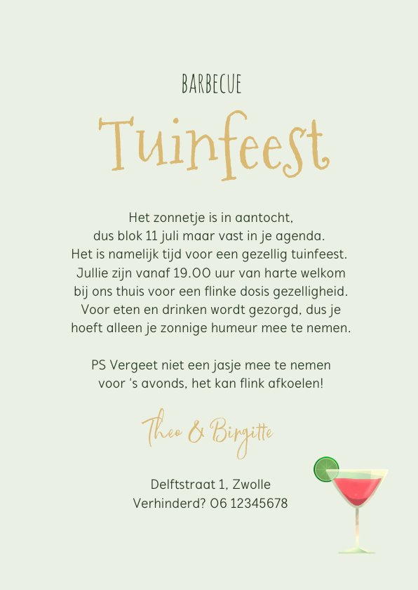 Uitnodiging tuinfeest bbq feestje drankjes | Kaartje2go