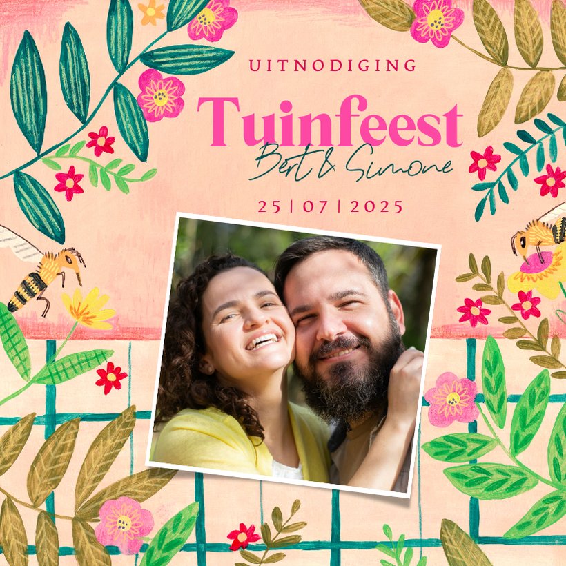 Uitnodiging tuinfeest bloemen en picknick kleed | Kaartje2go