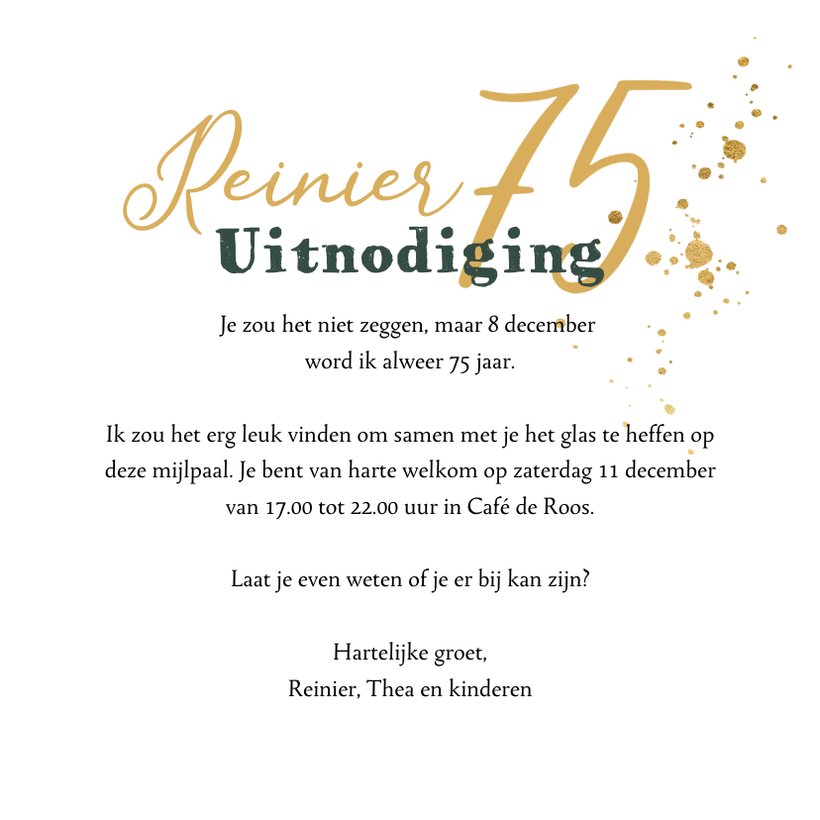 Uitnodiging verjaardag 75 jaar velvet goudfolie | Kaartje2go