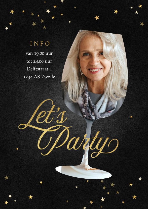 Uitnodiging wijn birthday party goud sterretjes | Kaartje2go