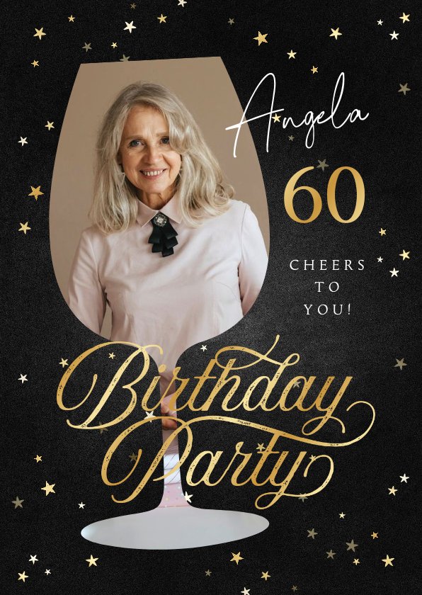 Uitnodiging wijn birthday party goud sterretjes | Kaartje2go