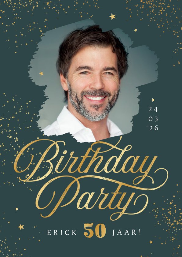 Uitnodigingskaart birthday party goud spetters | Kaartje2go