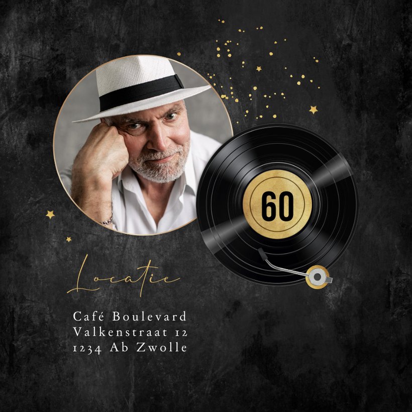 Uitnodigingskaart LP plaat muziek feestje goud | Kaartje2go