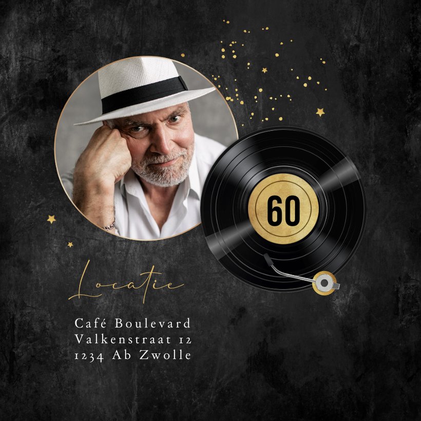 Uitnodigingskaart LP plaat muziek feestje goud | Kaartje2go