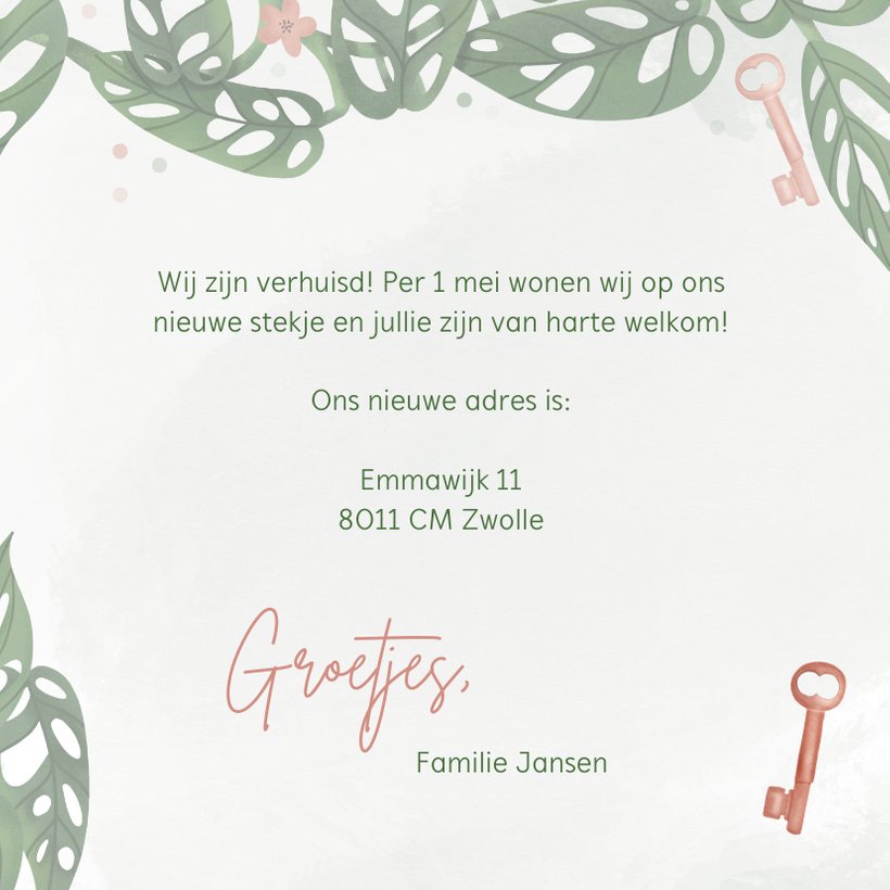 Verhuisbericht met plantjes en sleutels | Kaartje2go