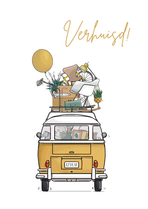 Verhuiskaart achterkant busje geel | Kaartje2go