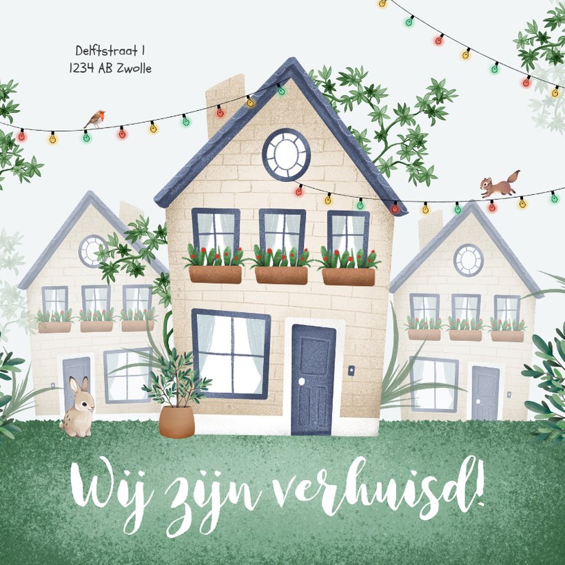 Verhuiskaart huis illustratie feest dieren | Kaartje2go