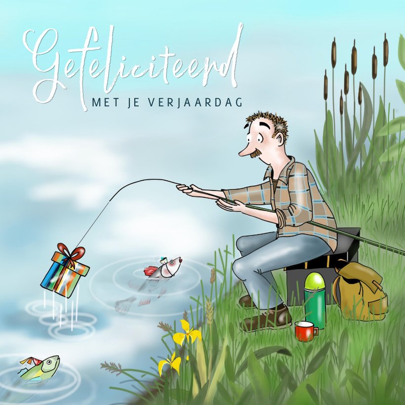 Verjaardag- Visser vangt cadeau | Kaartje2go
