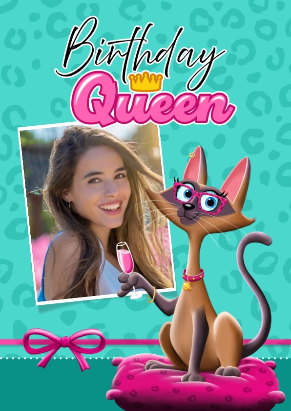 Verjaardagkaart'Birthday Queen' met kat en foto | Kaartje2go