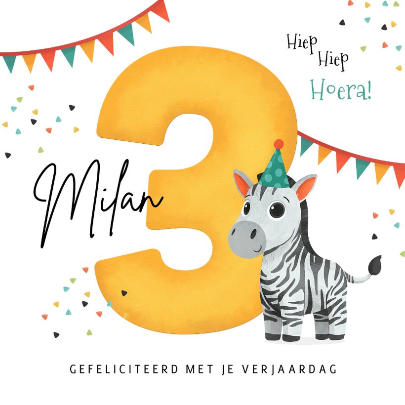 Verjaardagskaart 3 jaar zebra slingers confetti | Kaartje2go