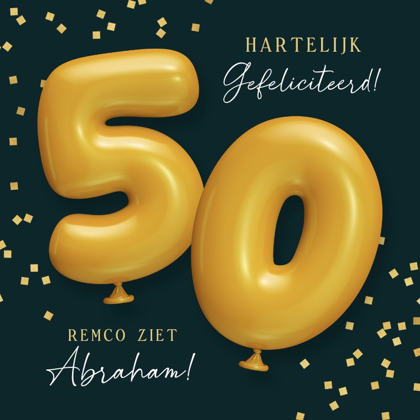 Verjaardagskaart 50 ballonnen confetti goud | Kaartje2go
