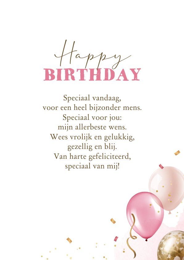Verjaardagskaart ballonnen goud roze confetti | Kaartje2go