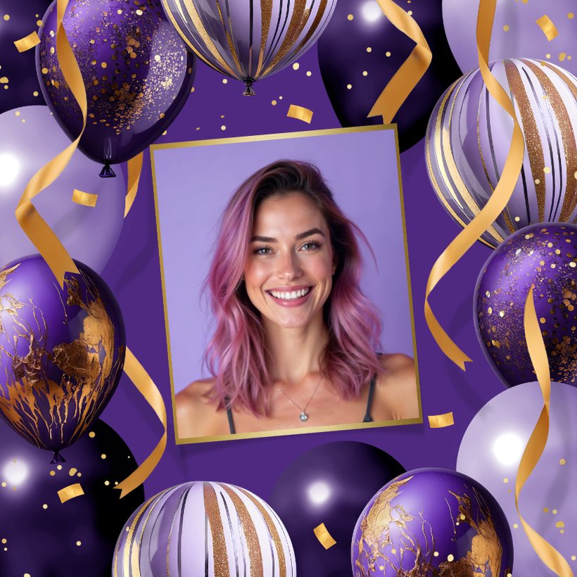 Verjaardagskaart ballonnen paars goud confetti | Kaartje2go