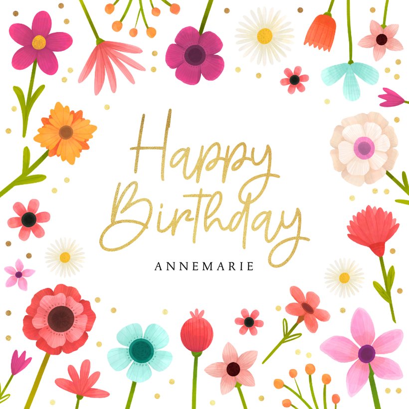 Verjaardagskaart bloemen goud confetti happy | Kaartje2go