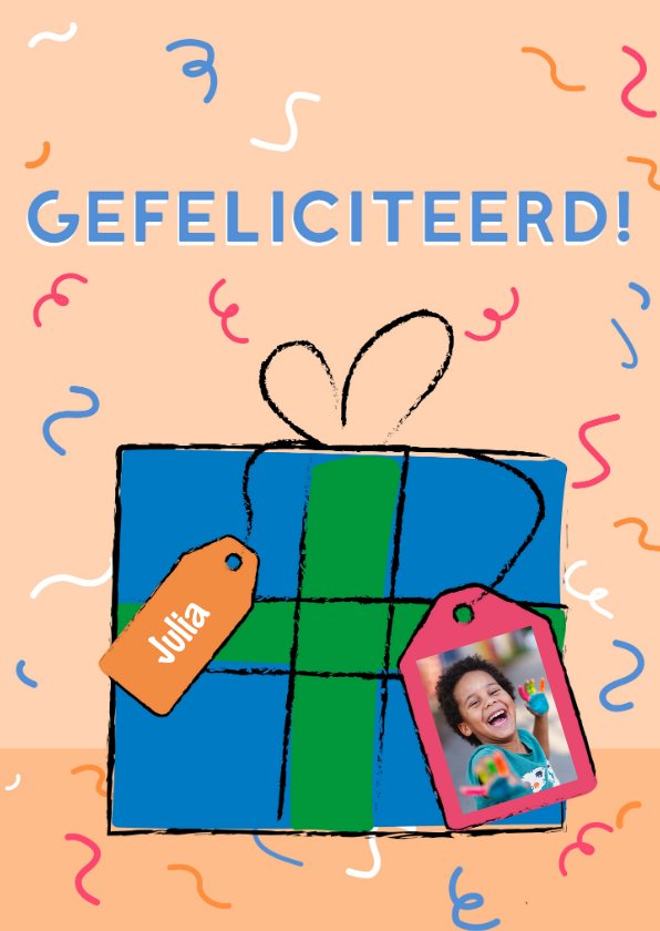 Verjaardagskaart cadeau confetti gefeliciteerd | Kaartje2go