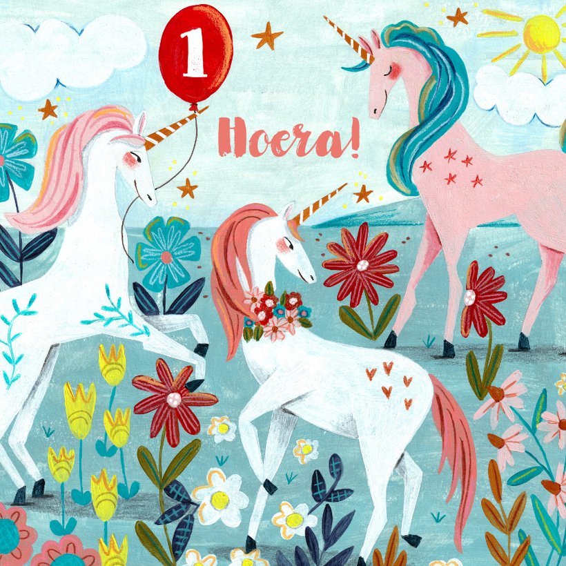 Verjaardagskaart een jaar eenhoorn feestje | Kaartje2go