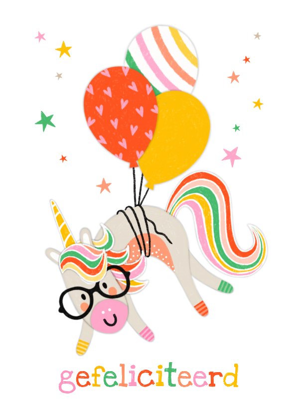 Verjaardagskaart eenhoorn ballonnen rood geel | Kaartje2go