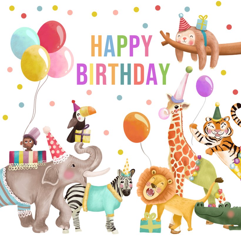 Verjaardagskaart felicitatie met feestdieren en | Kaartje2go