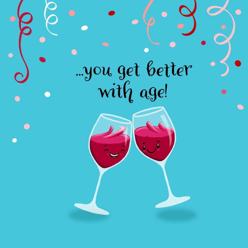 Verjaardagskaart glazen rode wijn die proosten | Kaartje2go
