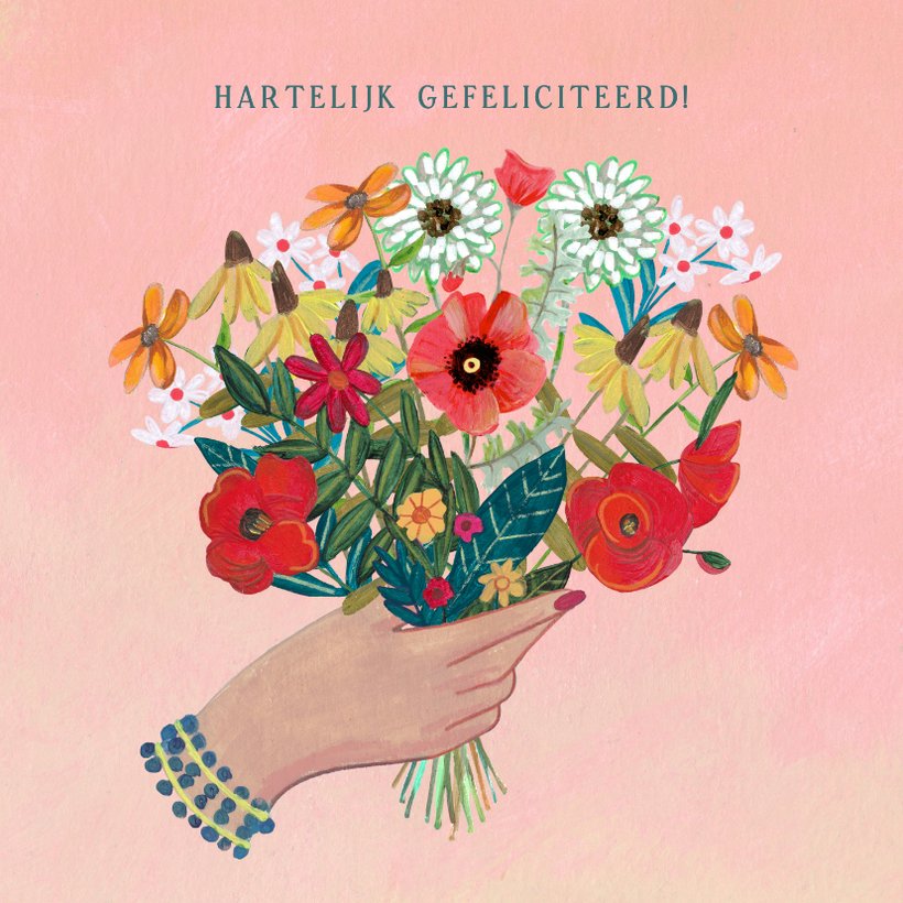 Verjaardagskaart hand met boeket met bloemen | Kaartje2go