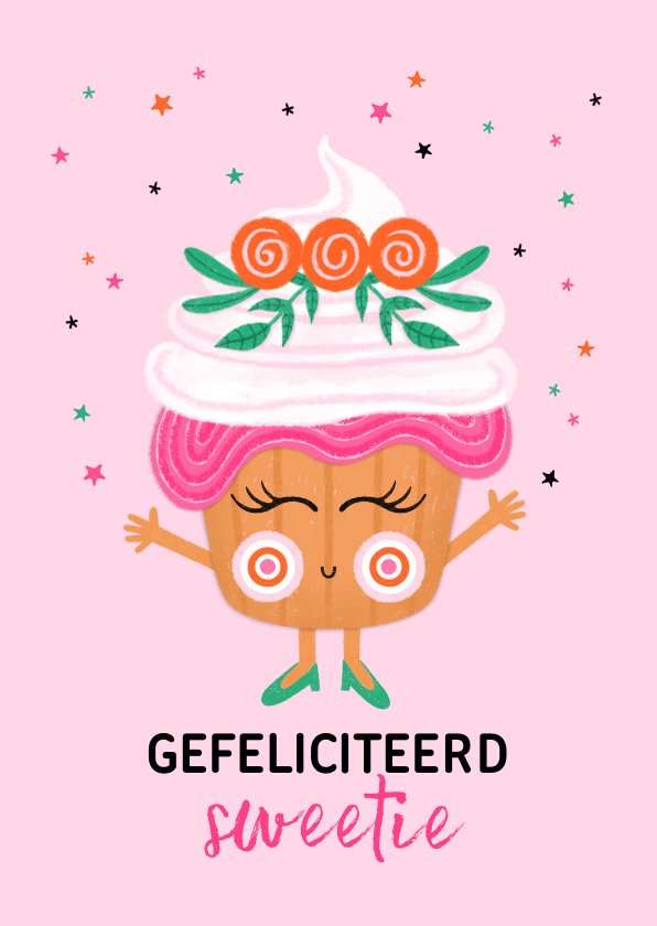 Verjaardagskaart happy cupcake bloemen roze | Kaartje2go
