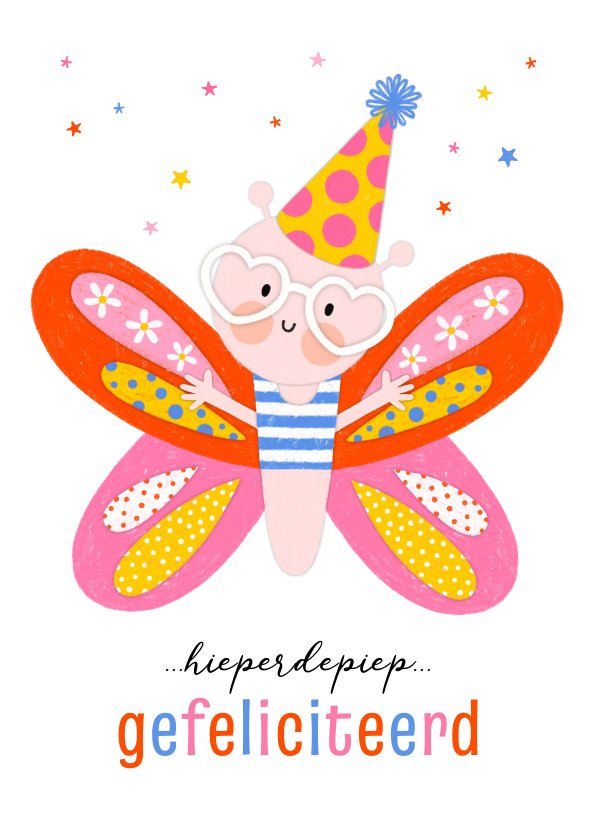 Verjaardagskaart happy vlinder feestmuts roze | Kaartje2go
