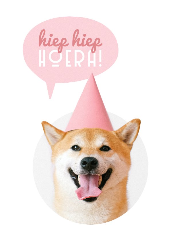 Verjaardagskaart hond met feesthoedje hiep hiep | Kaartje2go