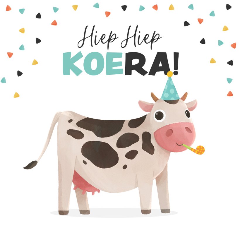 Verjaardagskaart humor koe hoera confetti | Kaartje2go