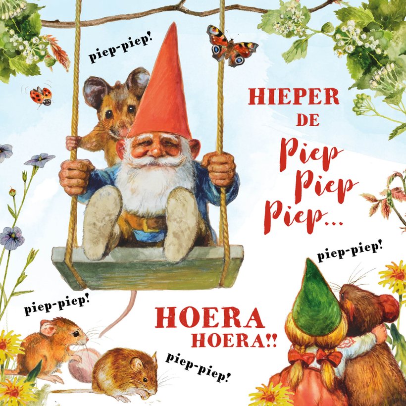 Verjaardagskaart kabouter zingende muizen piep | Kaartje2go