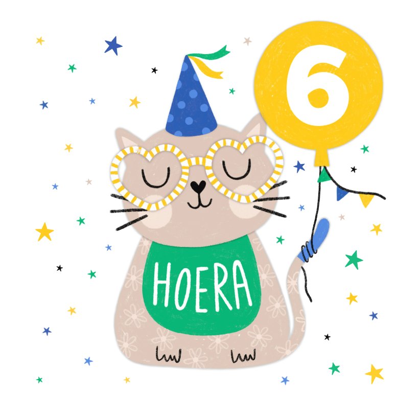 Verjaardagskaart kat gele ballon feestmuts | Kaartje2go