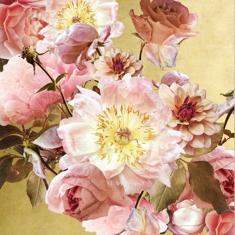 Verjaardagskaart klassiek boeket roze met goud | Kaartje2go