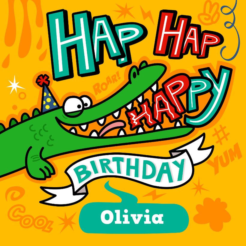 Verjaardagskaart krokodil:'Hap, Hap, Hap-py | Kaartje2go