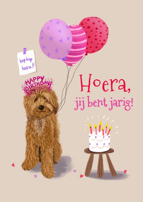 Verjaardagskaart labradoodle taart roze | Kaartje2go
