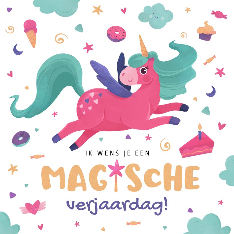 Verjaardagskaart magisch eenhoorn taart cupcake | Kaartje2go