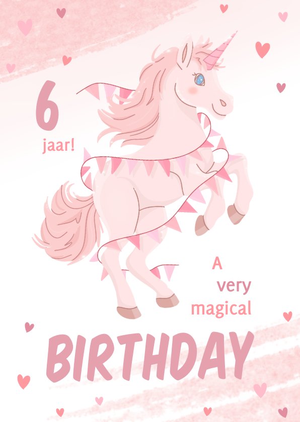 Verjaardagskaart met roze eenhoorn slingers en | Kaartje2go
