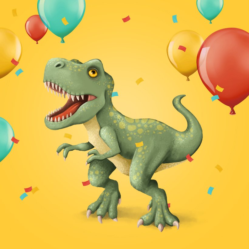 Verjaardagskaart party-rex grappig ballonnen | Kaartje2go